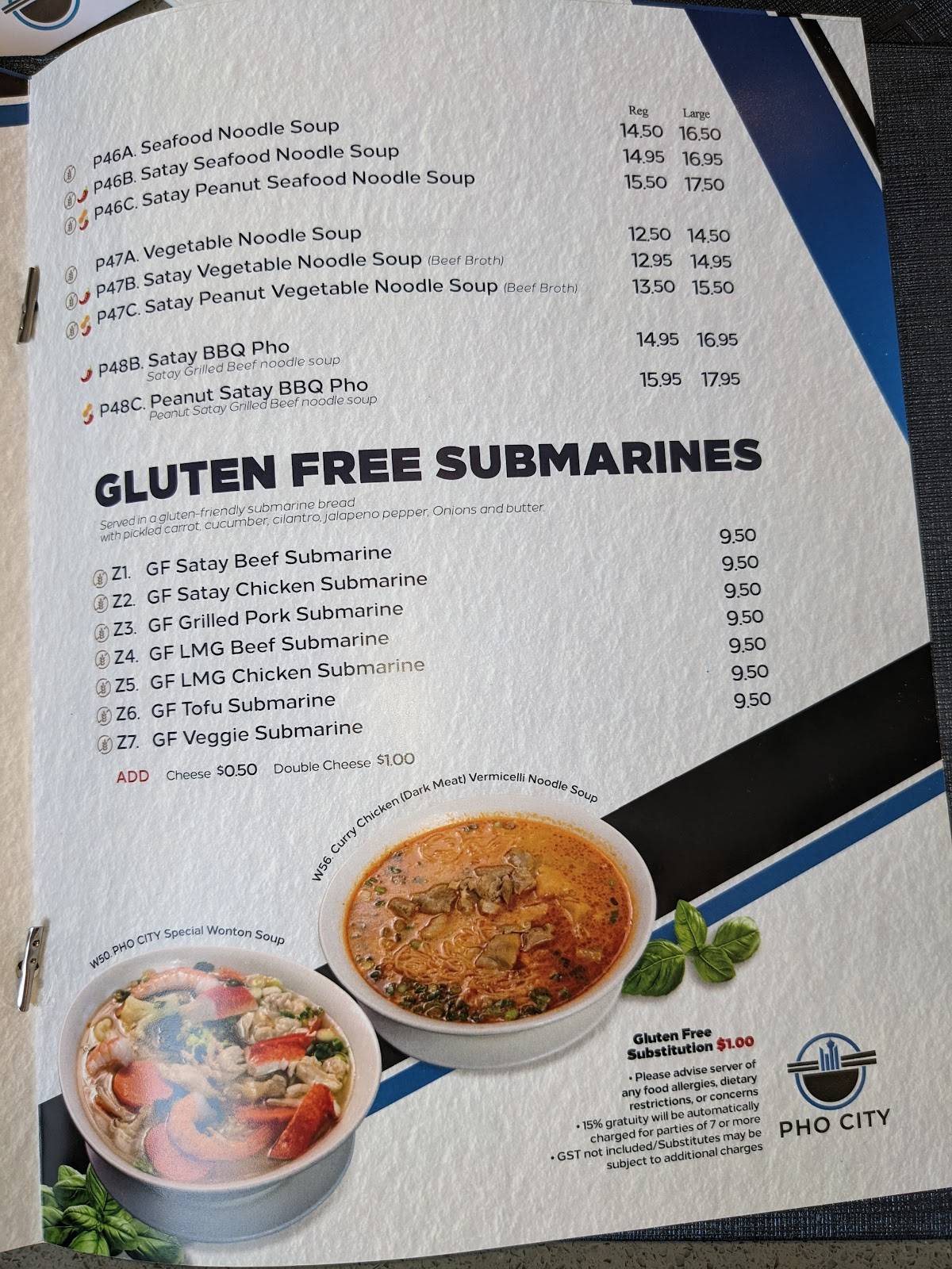 Menu at Pho City restaurant, Calgary