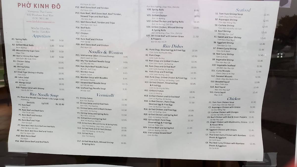 Menu at Pho Kinh Do Vietnamese Thai restaurant, Guelph, 650 Woodlawn Rd W