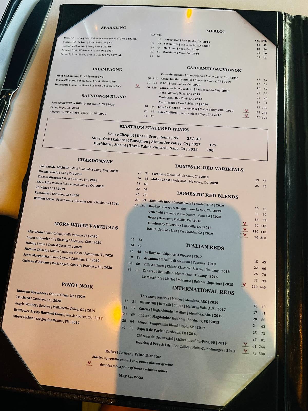 Menu at Mastro's Ocean Club, Scottsdale