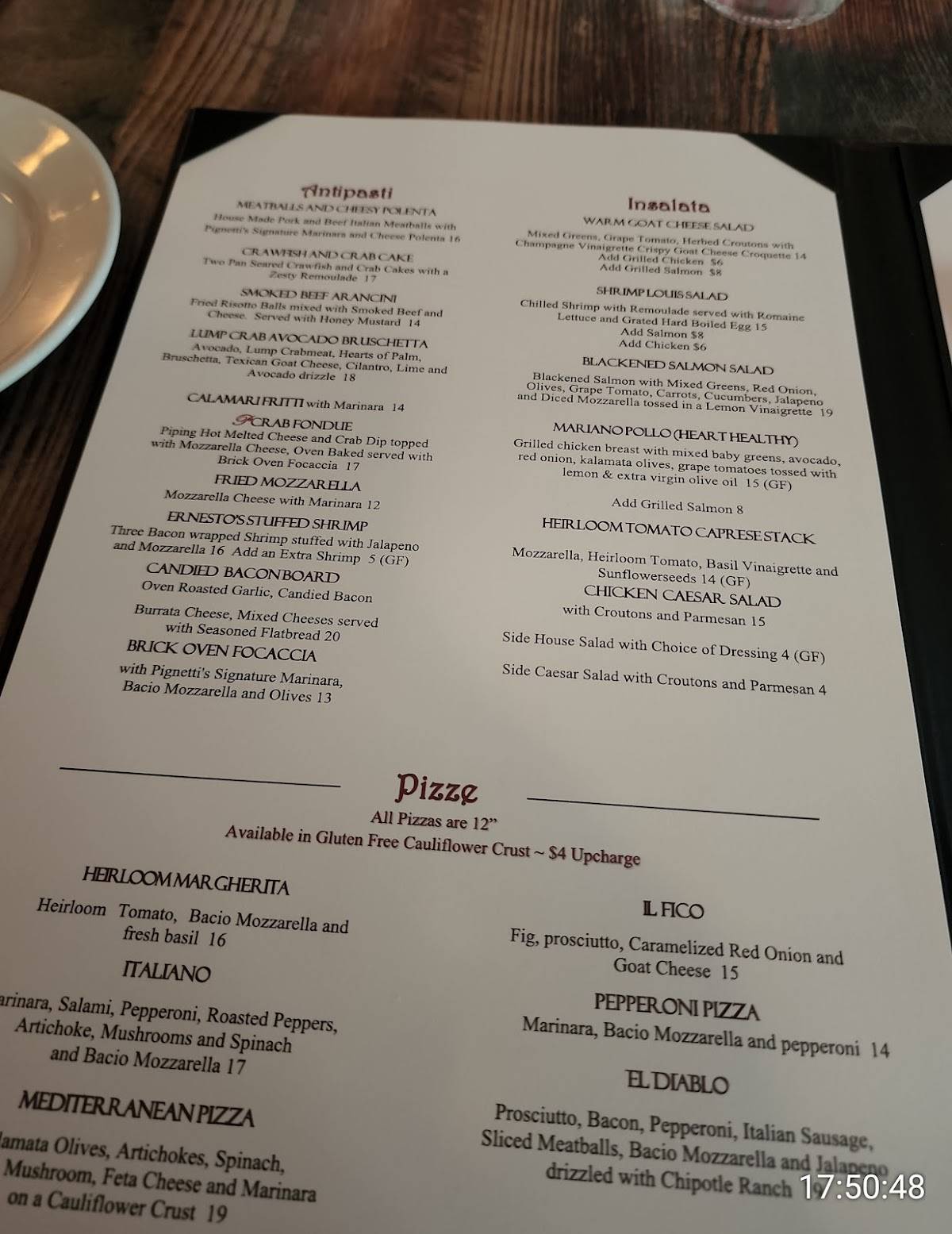 Menu at Pignetti's restaurant, Temple