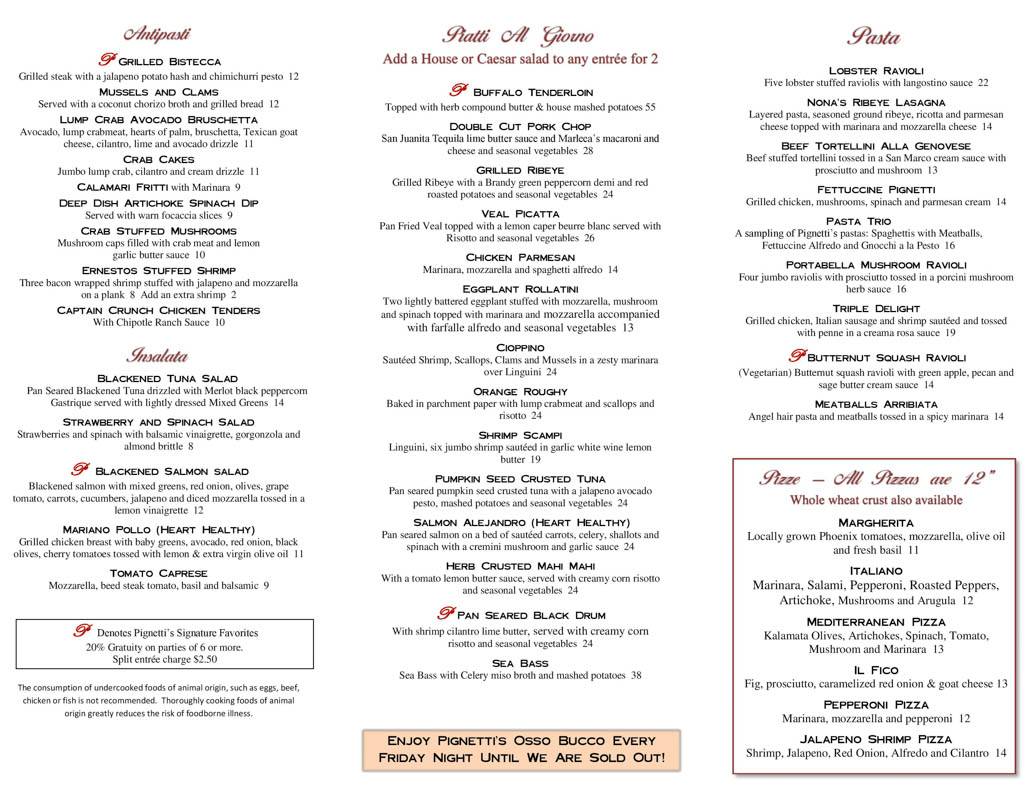 Menu at Pignetti's restaurant, Temple
