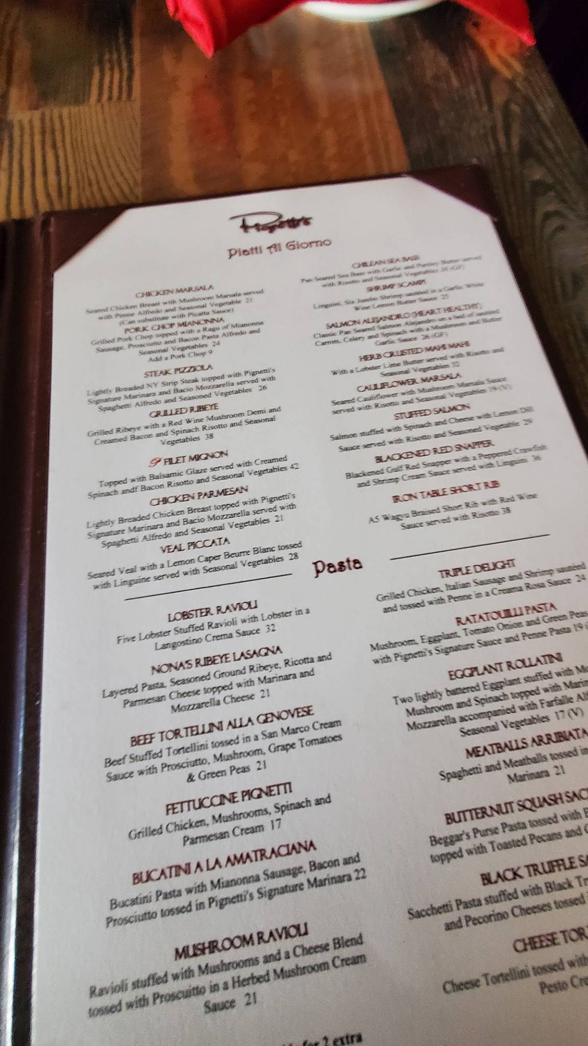 Menu at Pignetti's restaurant, Temple