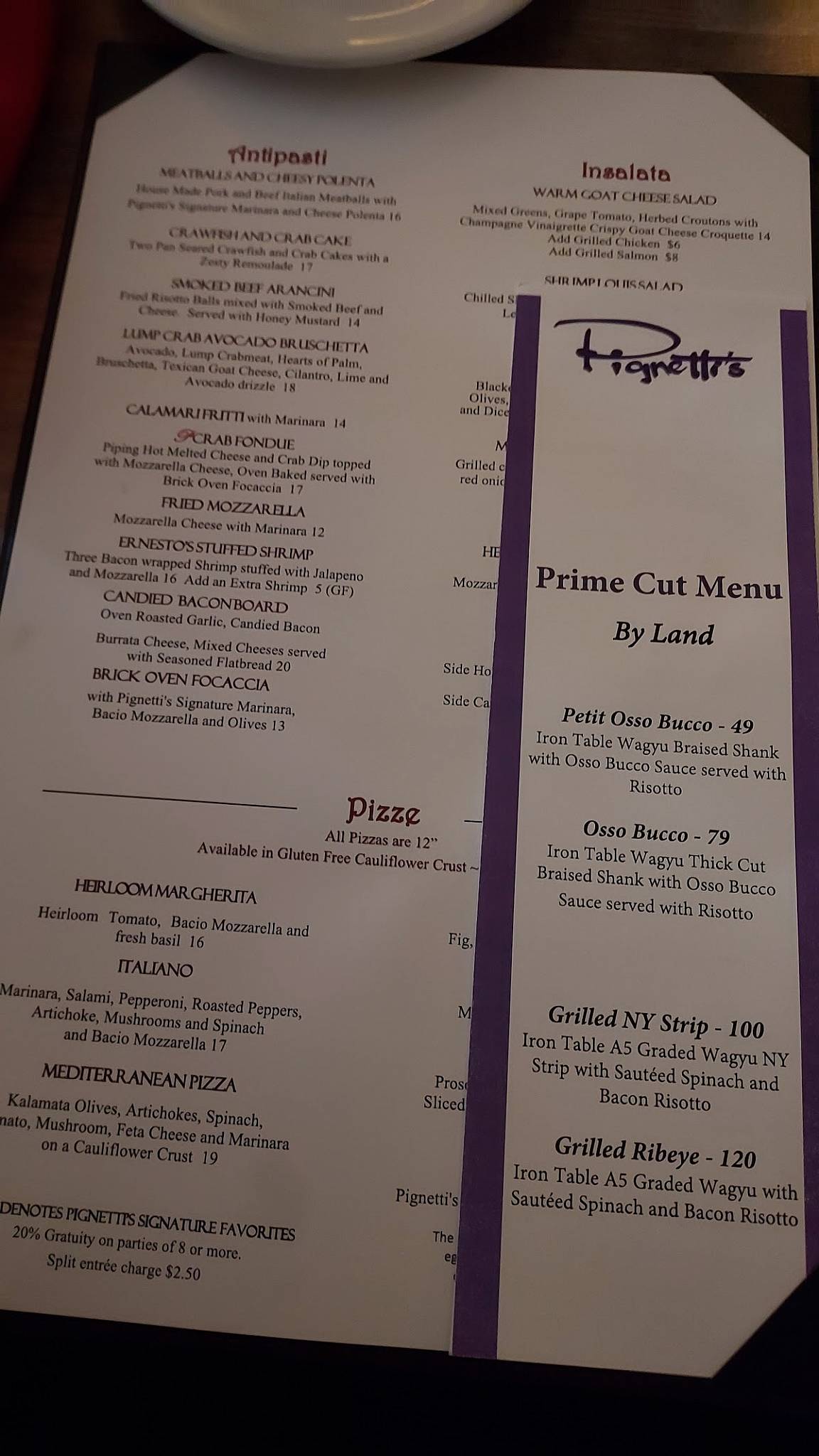 Menu at Pignetti's restaurant, Temple