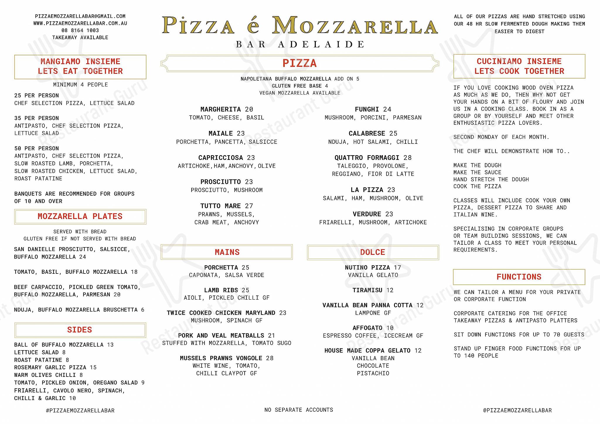 Menu at Pizza e Mozzarella Bar, Adelaide