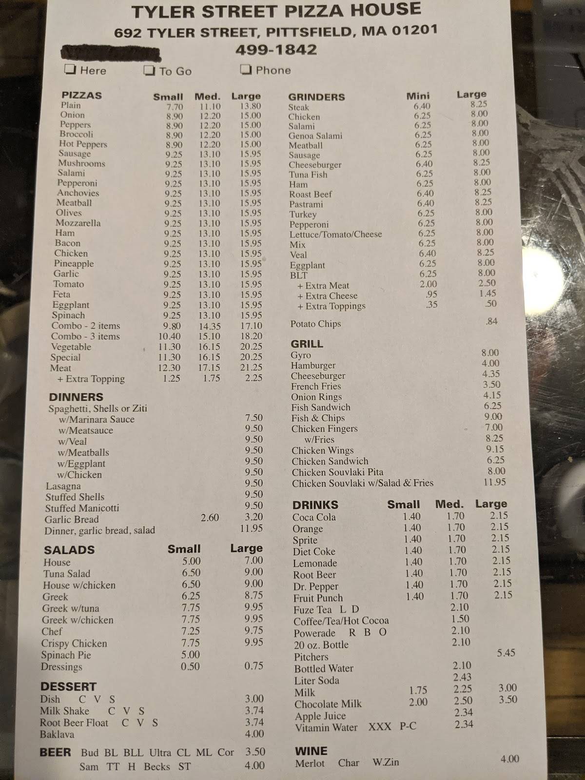 Menu at Pizza House pizzeria, Pittsfield, 692 Tyler St