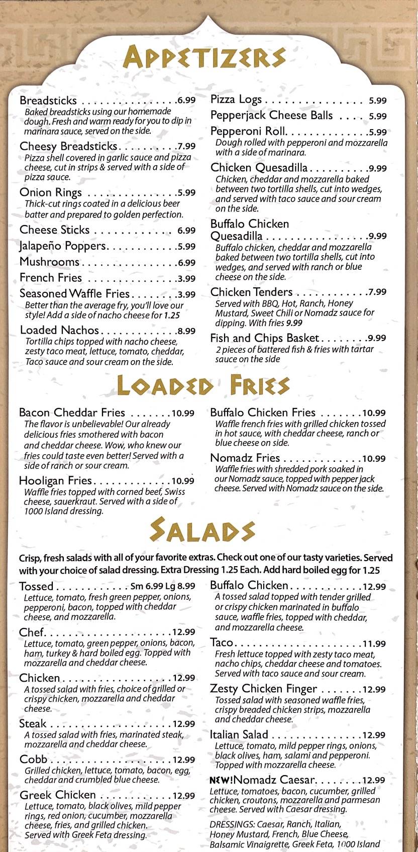 Menu at Pizza Nomadz restaurant, Clymer