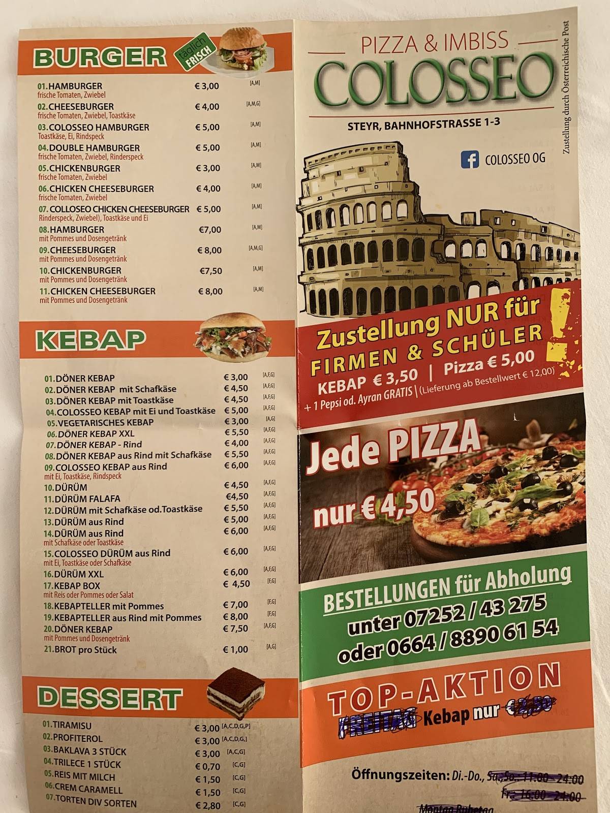 Speisekarte von Pizza & Imbiss Colosseo, Steyr