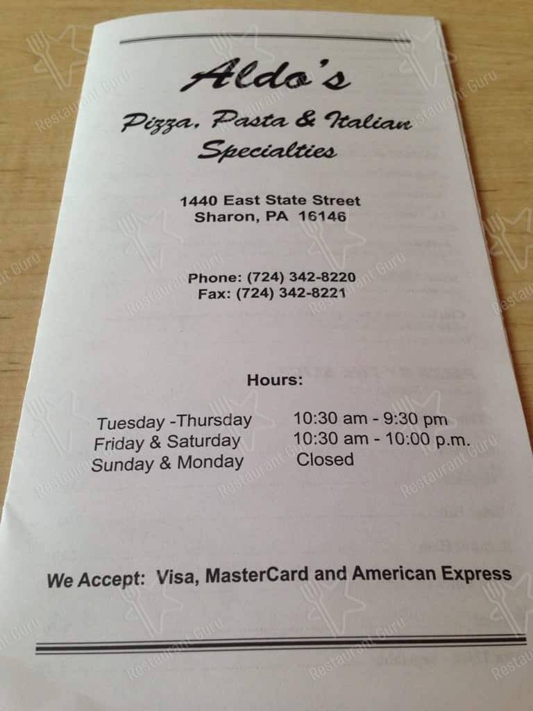 Menu at Aldo's Pizza & Pasta pizzeria, Sharon