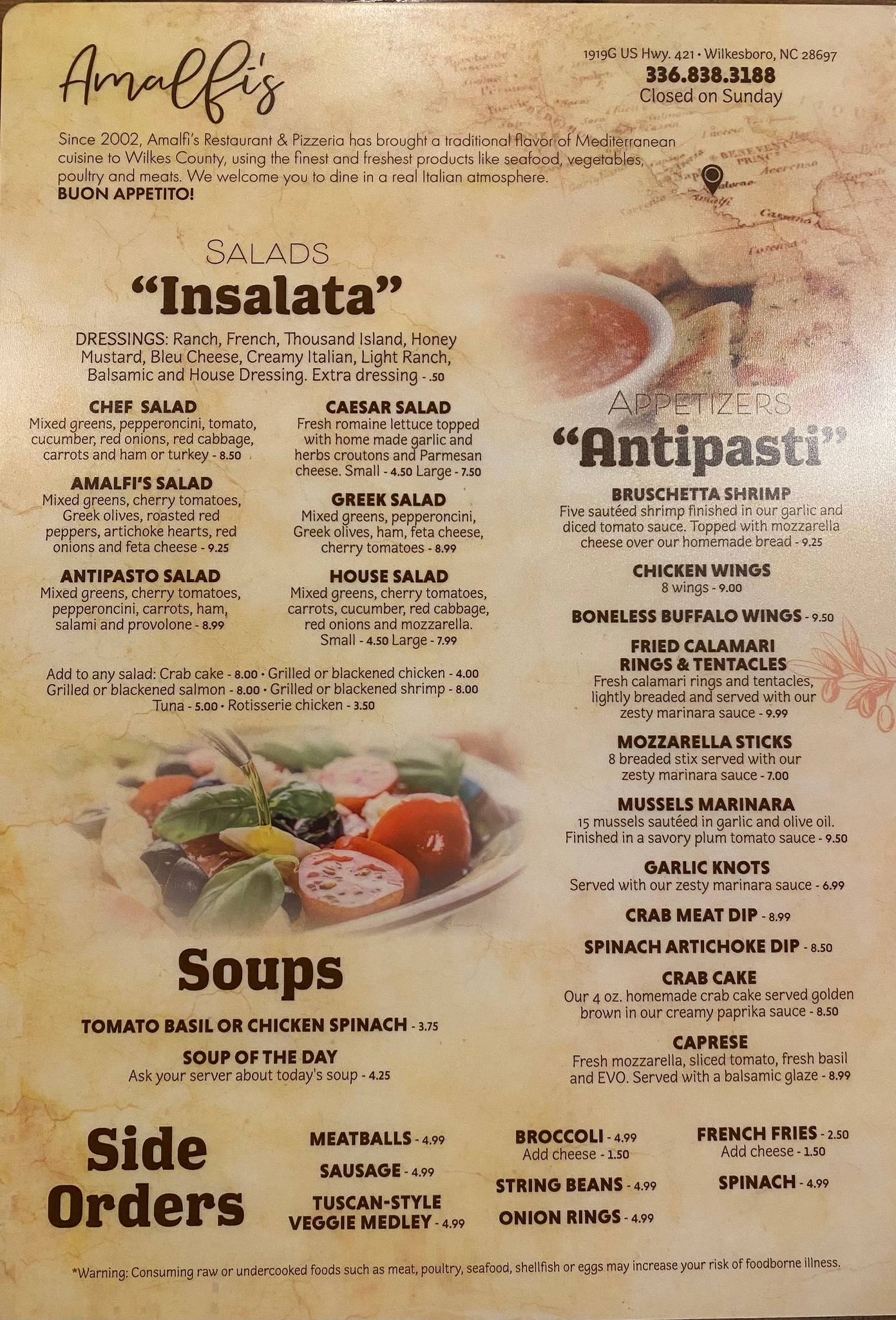 Menu at Amalfis italian restaurant and pizzeria, Wilkesboro