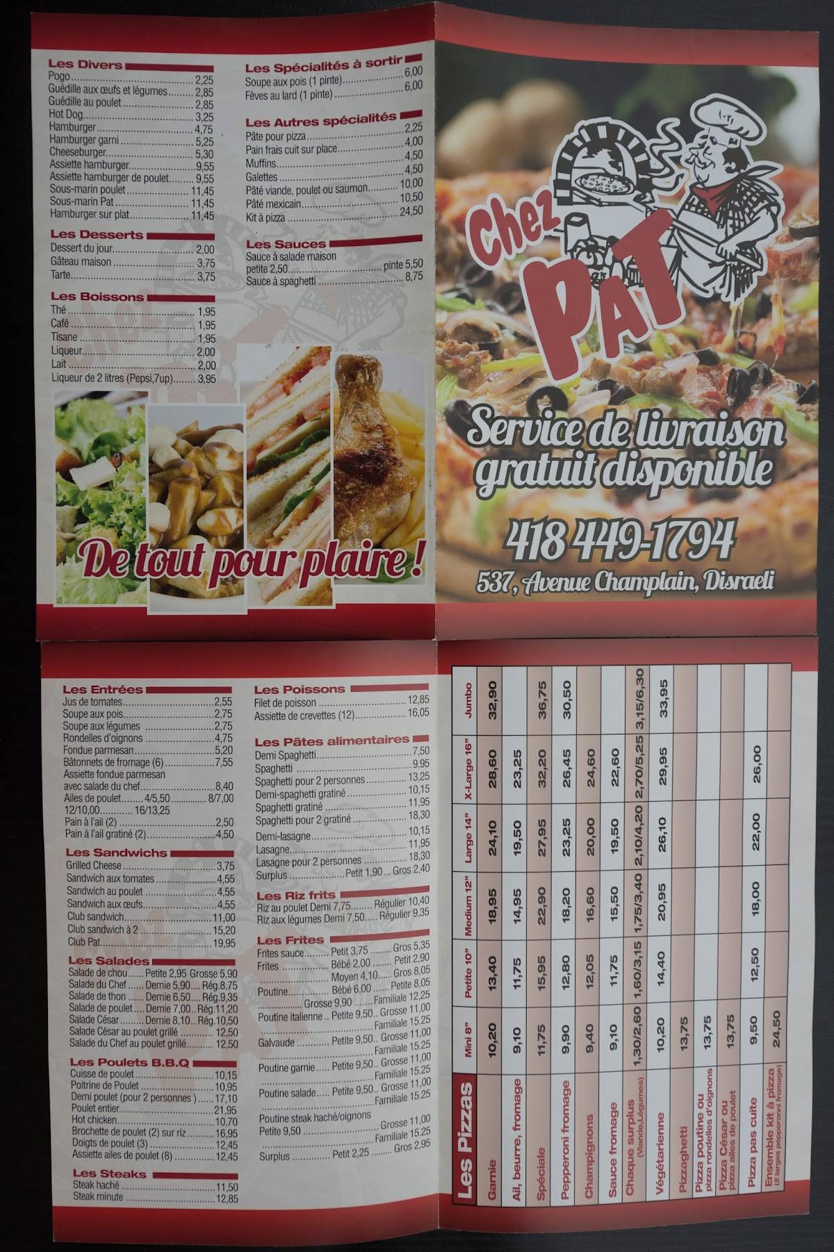 Menu au Restaurant Chez Pat Disraeli, Disraeli