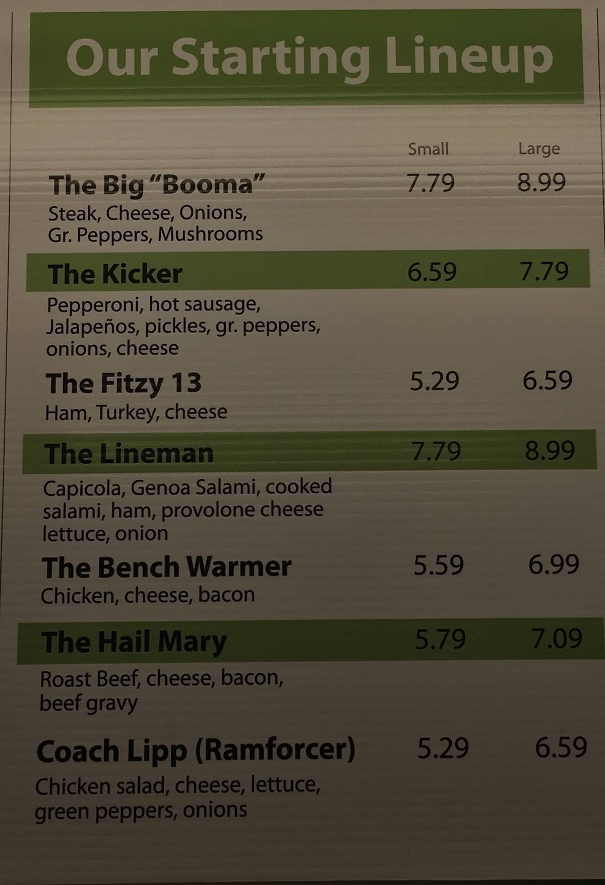 Menu at End Zone pizzeria, Augusta