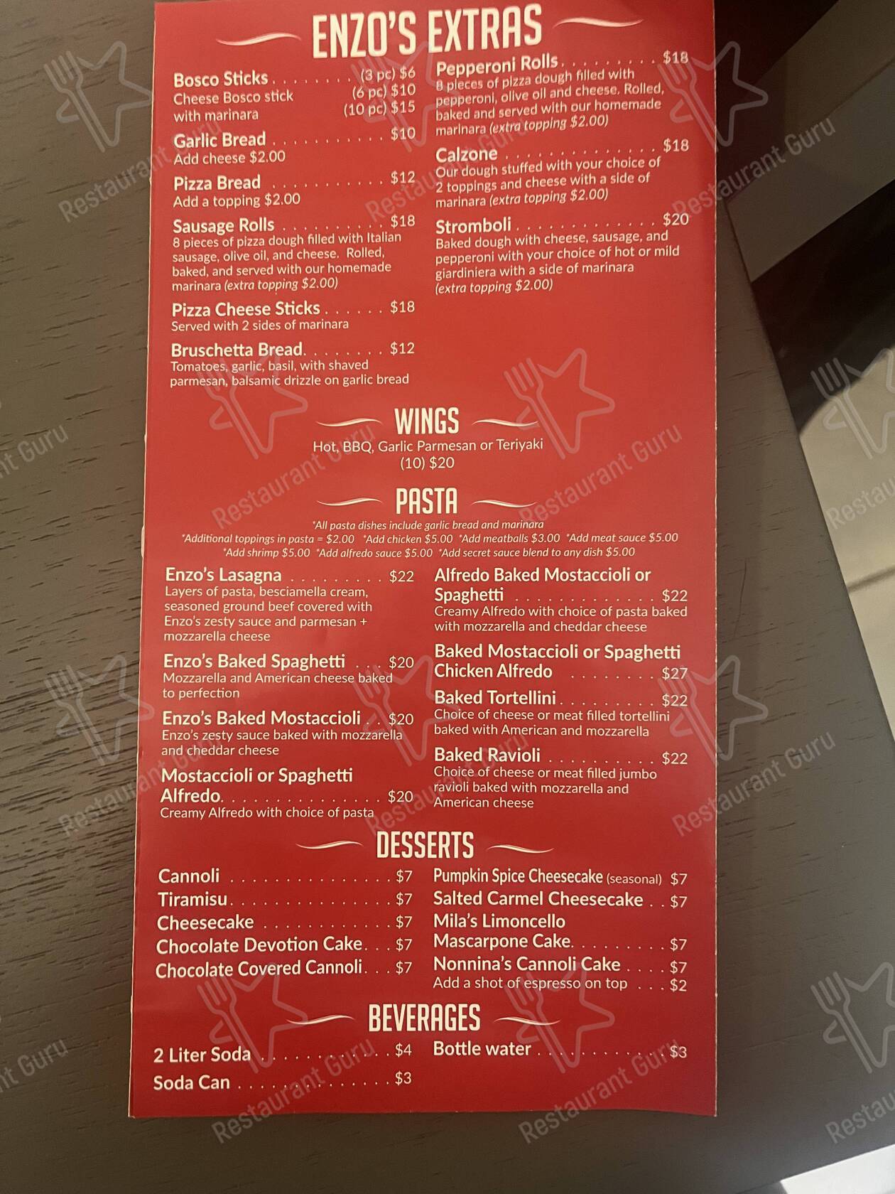 Menu at Enzo's Pizza pizzeria, Elkhorn