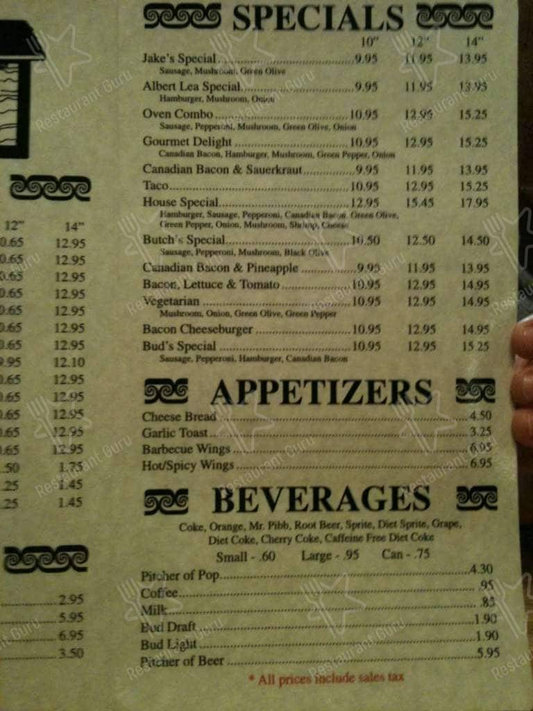 Menu at Jake's Pizza pizzeria, Albert Lea