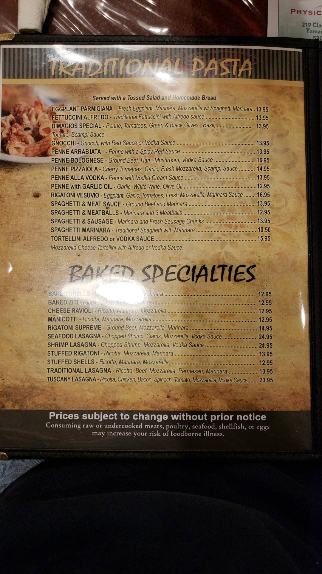 Menu at La Dolce Casa - DiMaggio's restaurant, Tamaqua