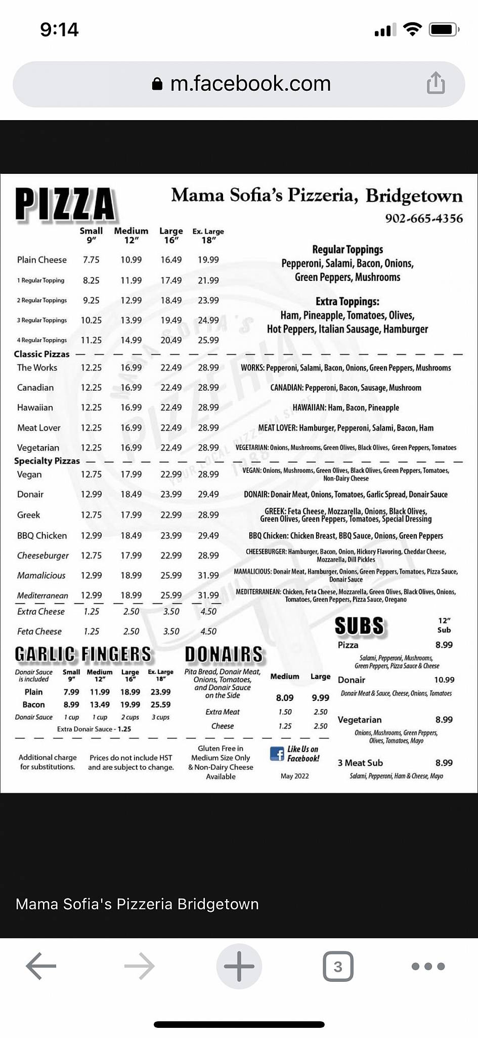 Menu at Mama Sofia's Pizzeria, Bridgetown