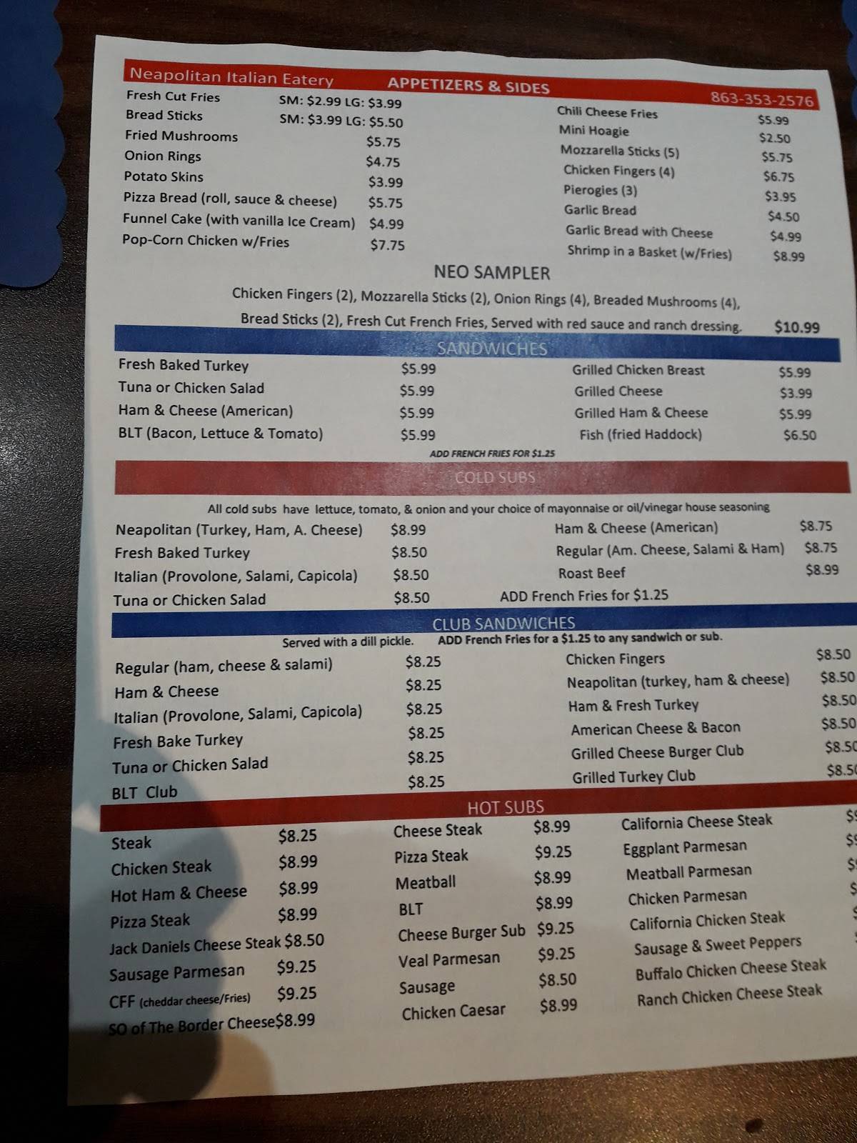 Menu at Neapolitan Italian Eatery pizzeria, Haines City