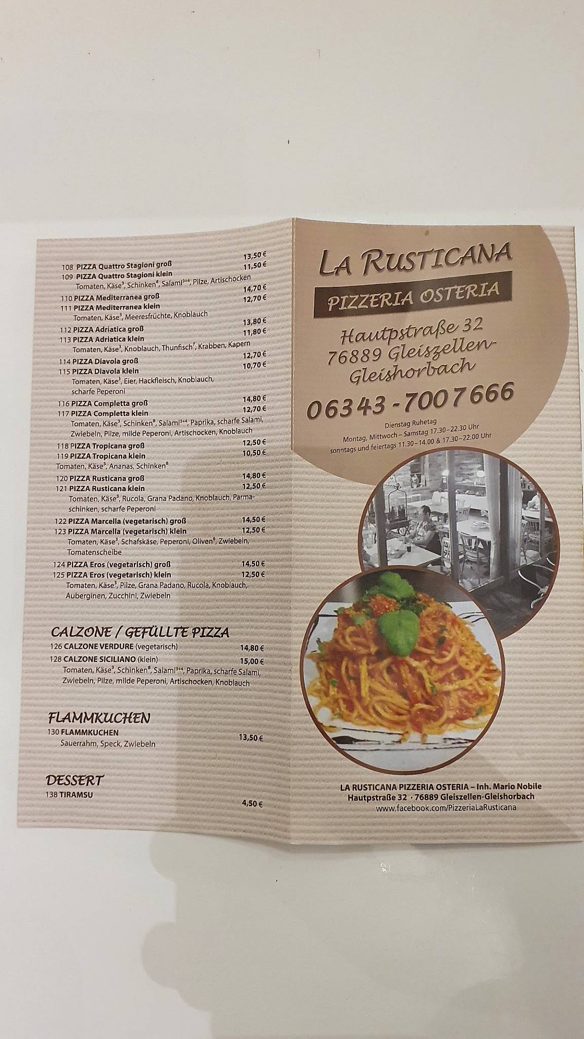 Speisekarte von Pizzeria "La Rusticana", Gleiszellen-Gleishorbach