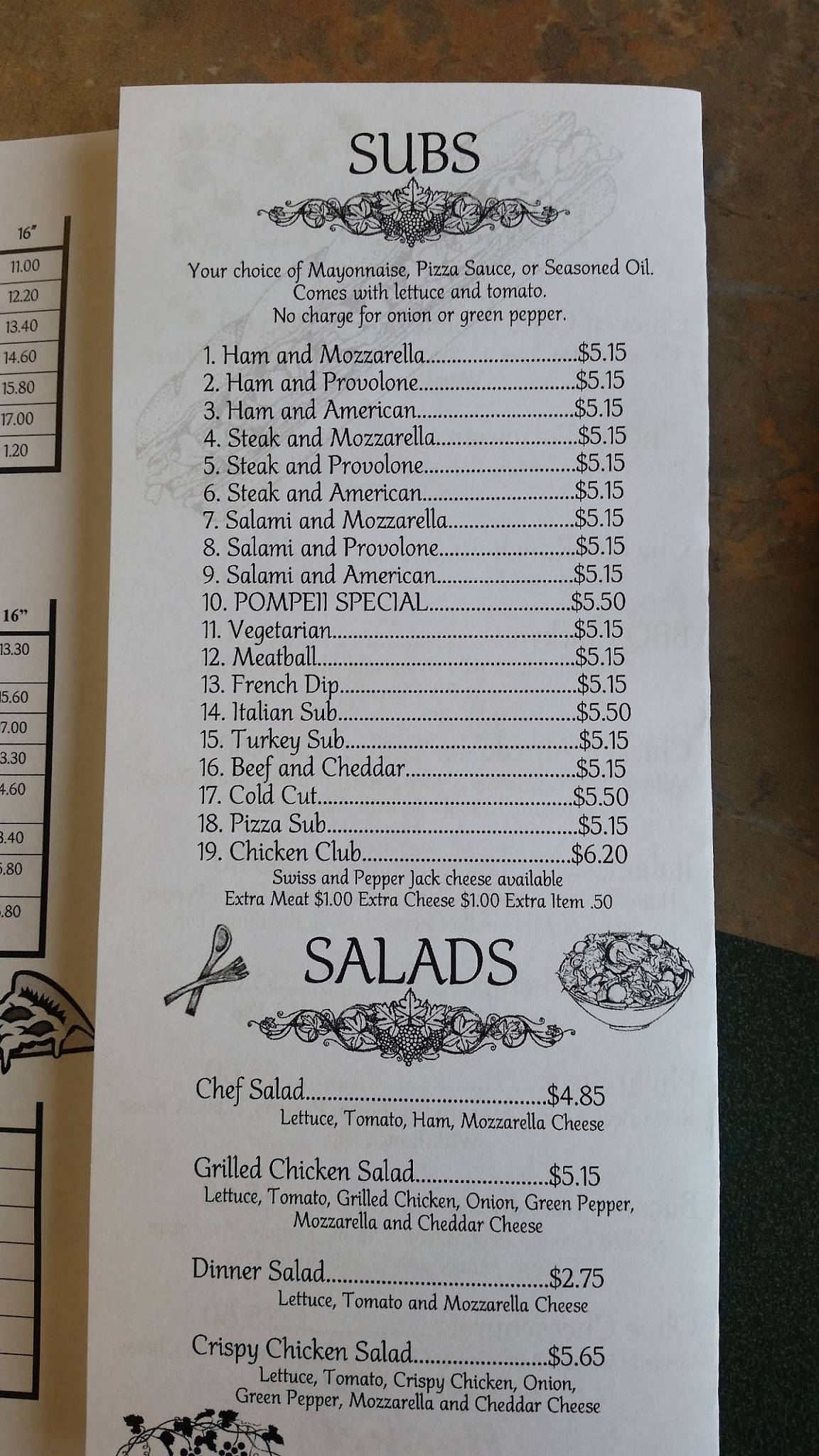 Menu at Pompeii's Pizza pizzeria, Evart