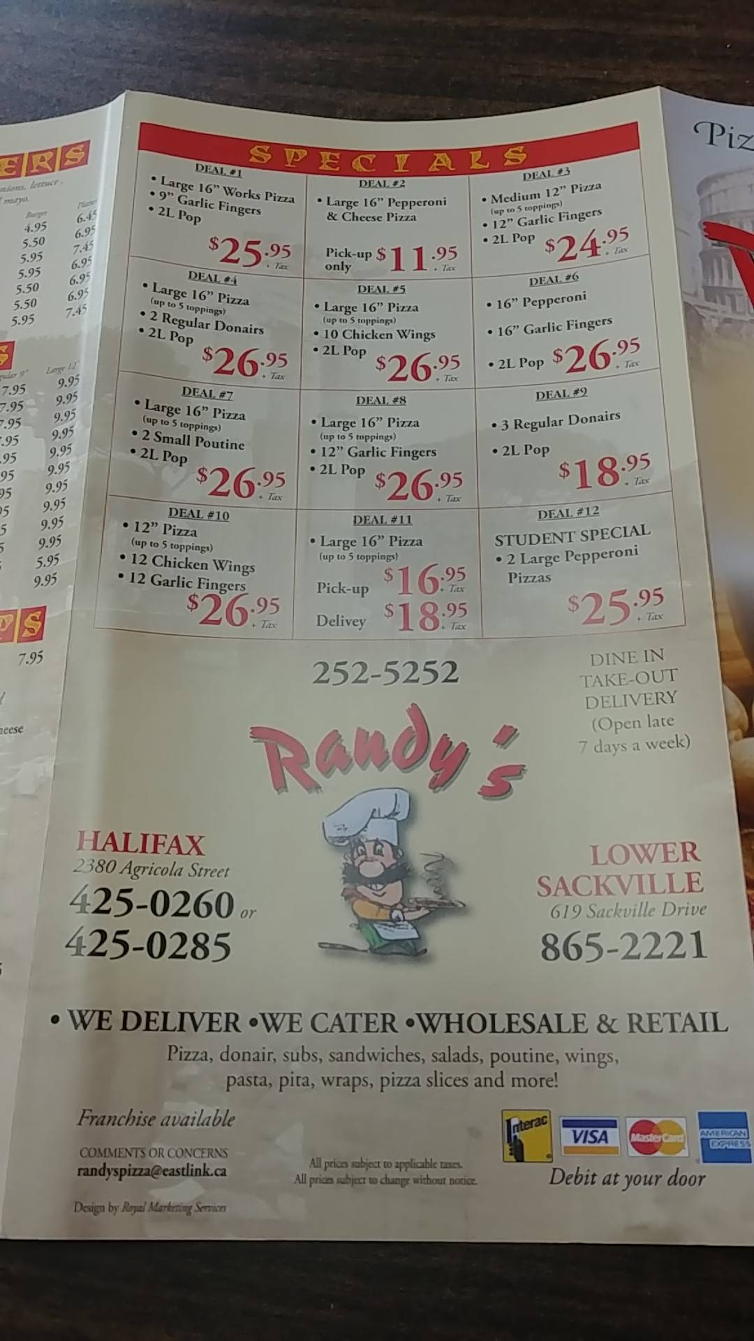 Menu at Randy's Pizza & Donair pizzeria, Lower Sackville