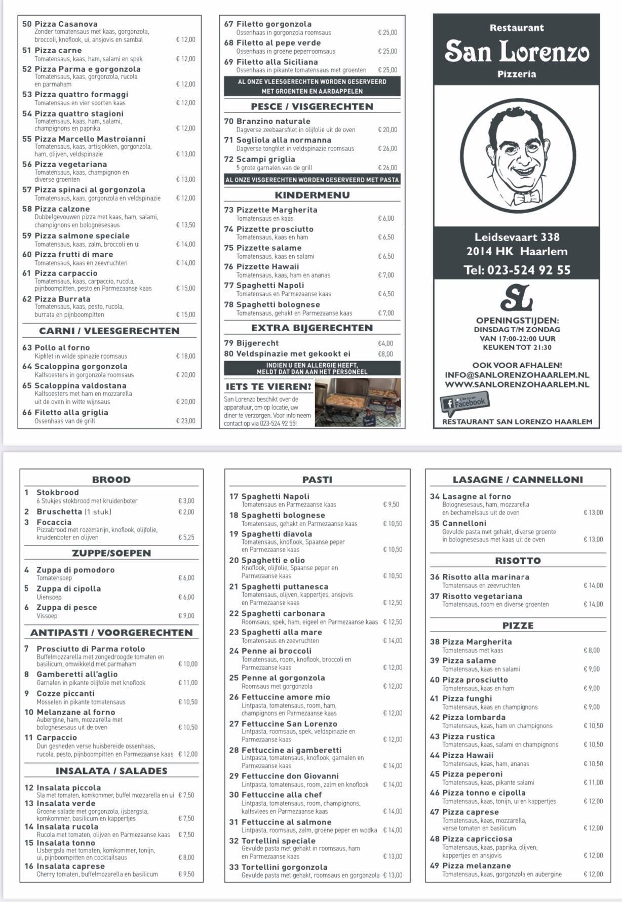 Menu at San Lorenzo, Haarlem