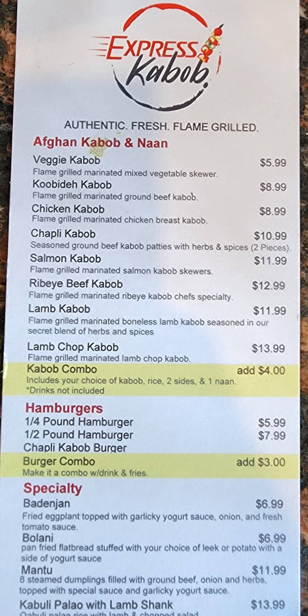 Carta del restaurante Express Kabob, Plano