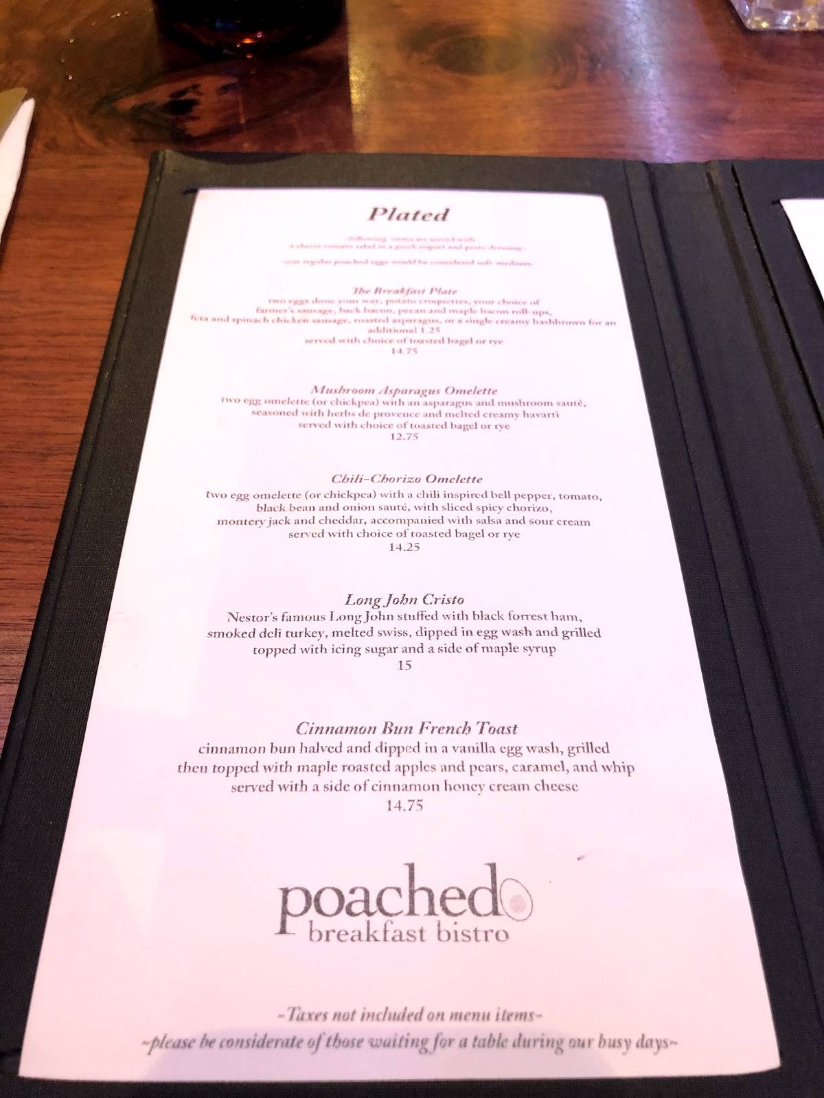 Menu at Poached Breakfast Bistro restaurant, Saskatoon