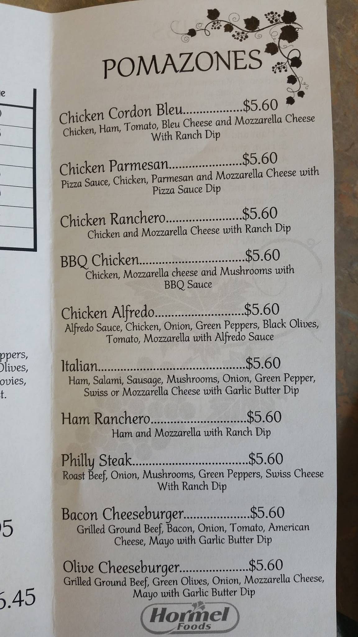 Menu at Pompeii's Pizza pizzeria, Evart