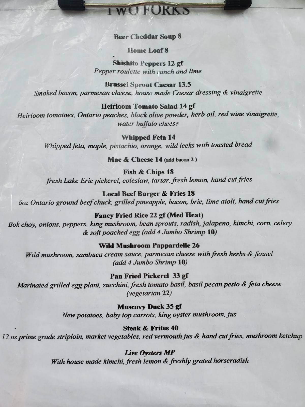 Menu at Two Forks pub & bar, Port Stanley