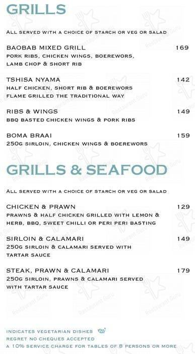 Menu at Baobab Cafe & Grill, Pretoria, Menlyn Shopping Centre