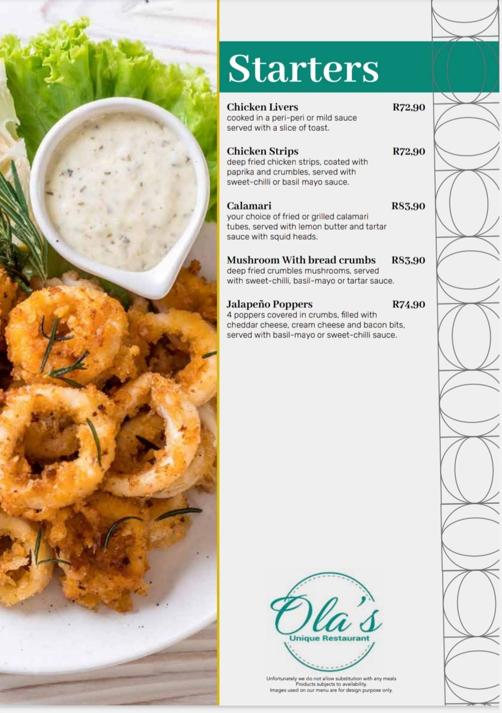 Menu at Ola's Unique Restaurant, Pretoria