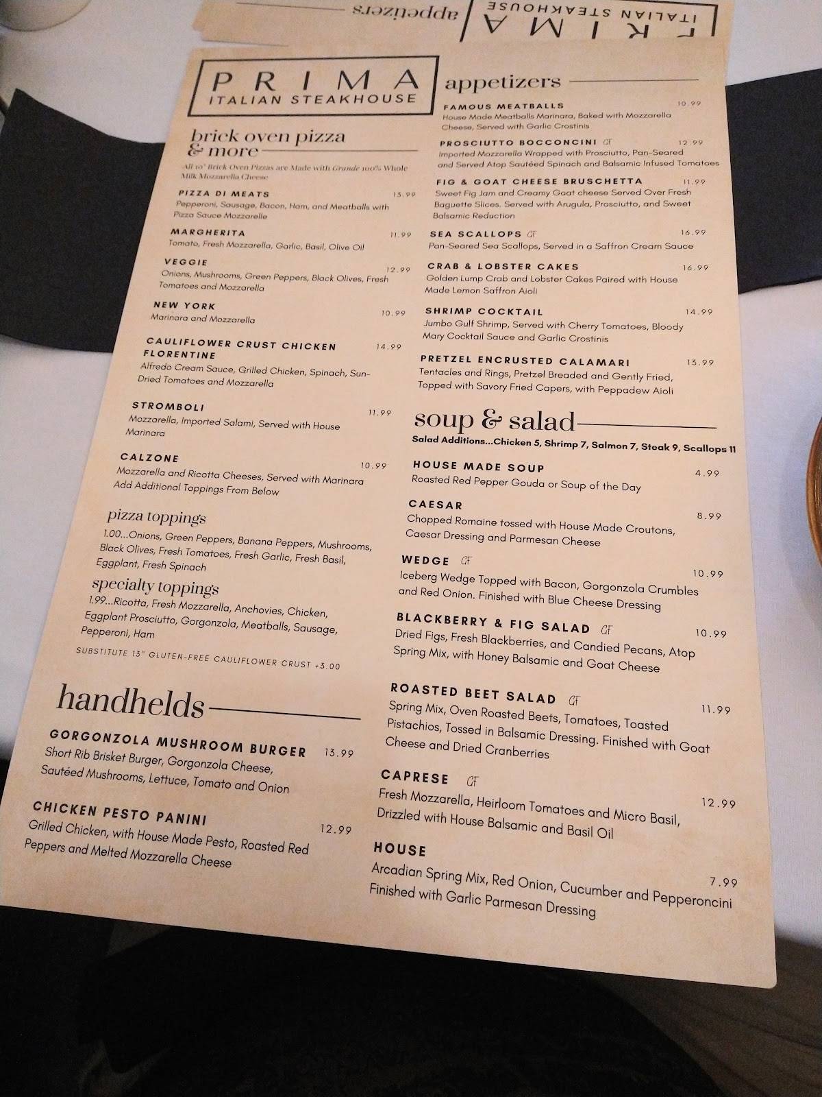 Menu at Prima Italian Steakhouse, The Villages