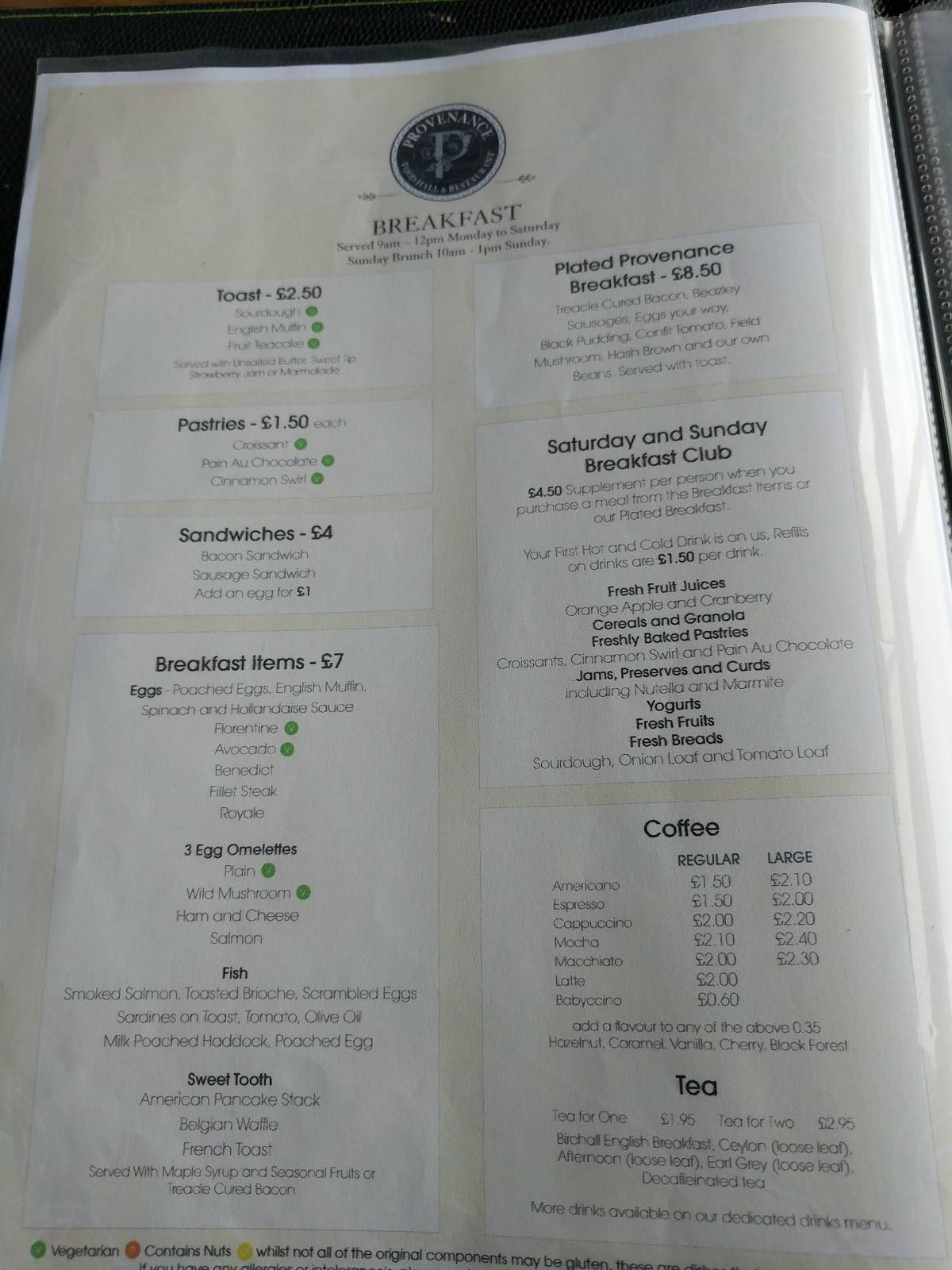 Menu at Provenance Food Hall cafe, Bolton
