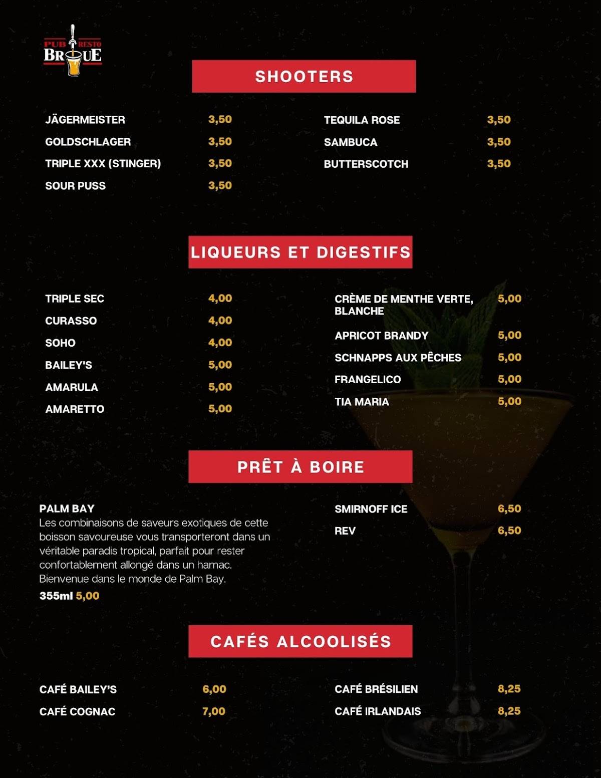 Menu au Pub Resto Broue Beauport, Québec