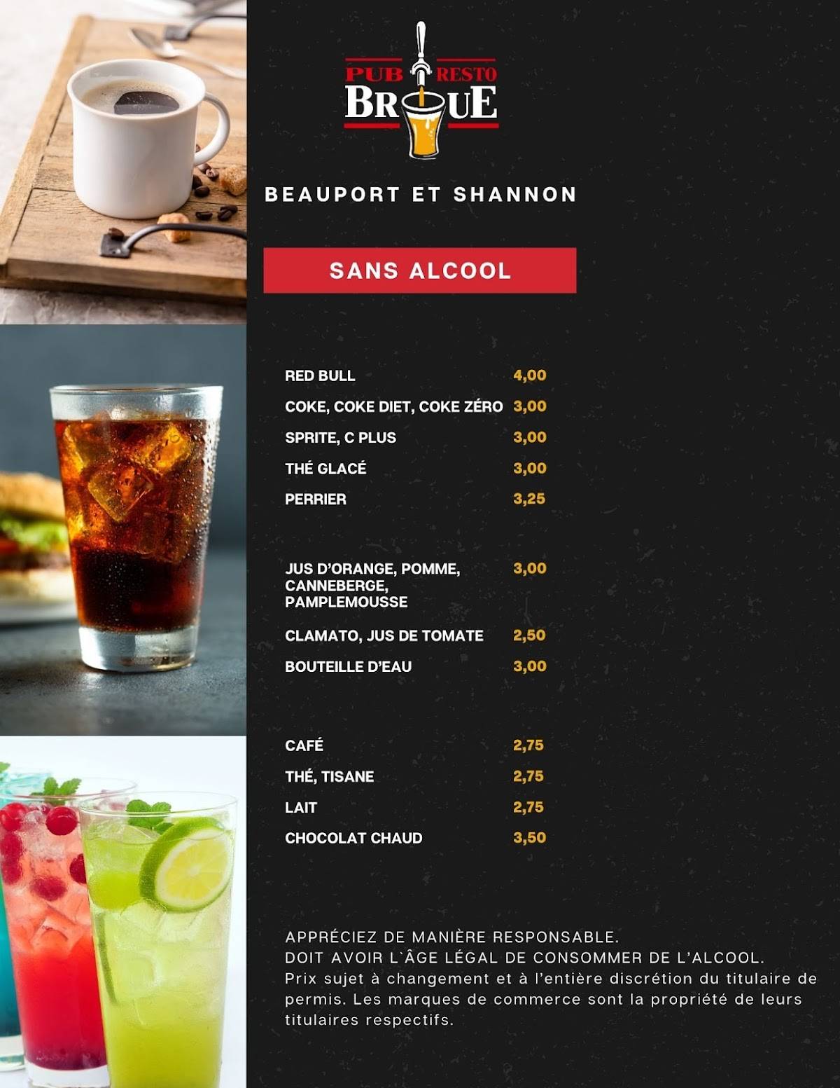 Menu au Pub Resto Broue Beauport, Québec