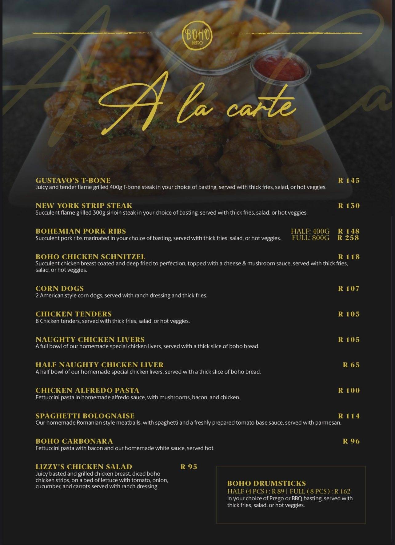 Menu at Boho Bistro restaurant, Bloemfontein