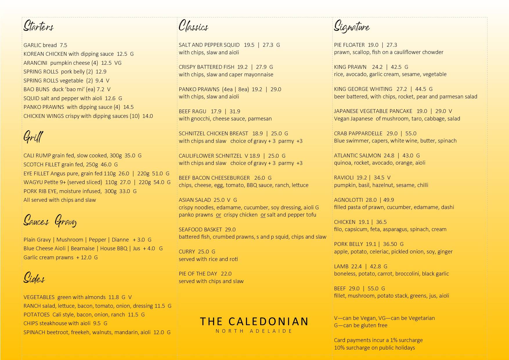 Menu at Caledonian Hotel pub & bar, North Adelaide