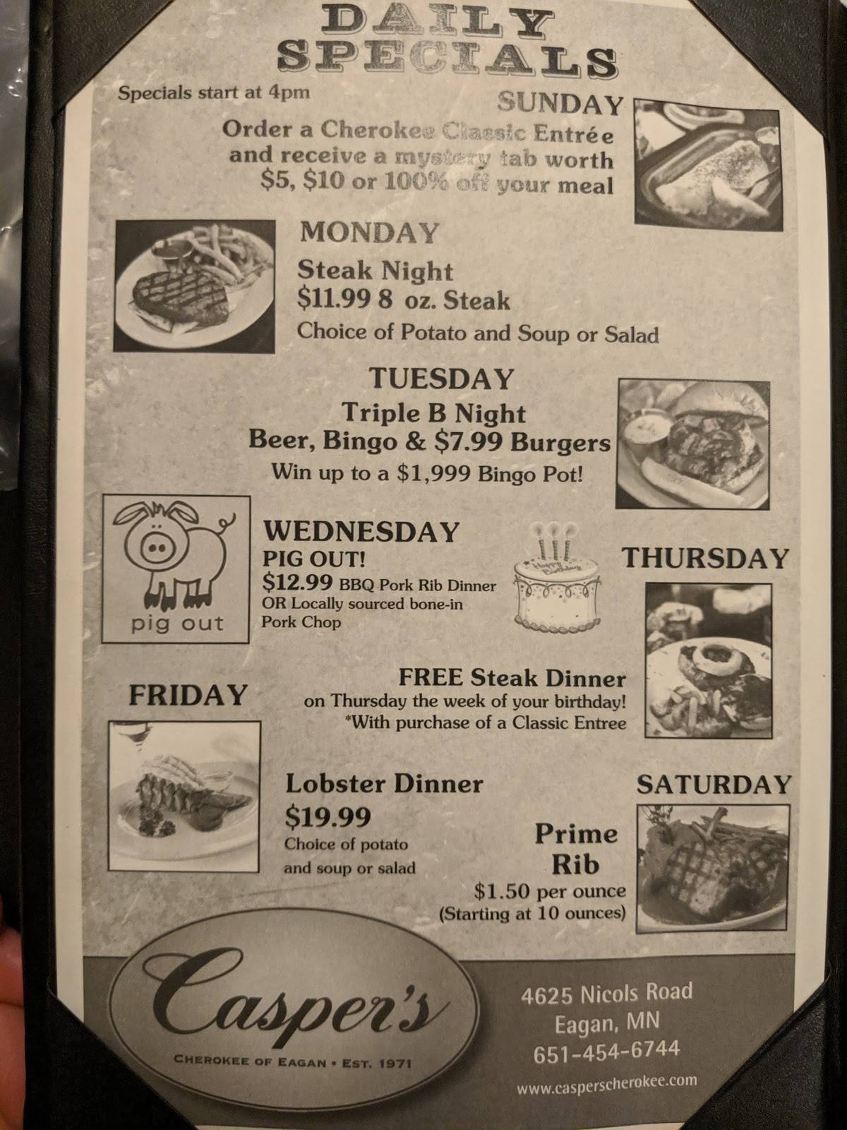 Menu at Casper's Cherokee of Eagan pub & bar, Eagan