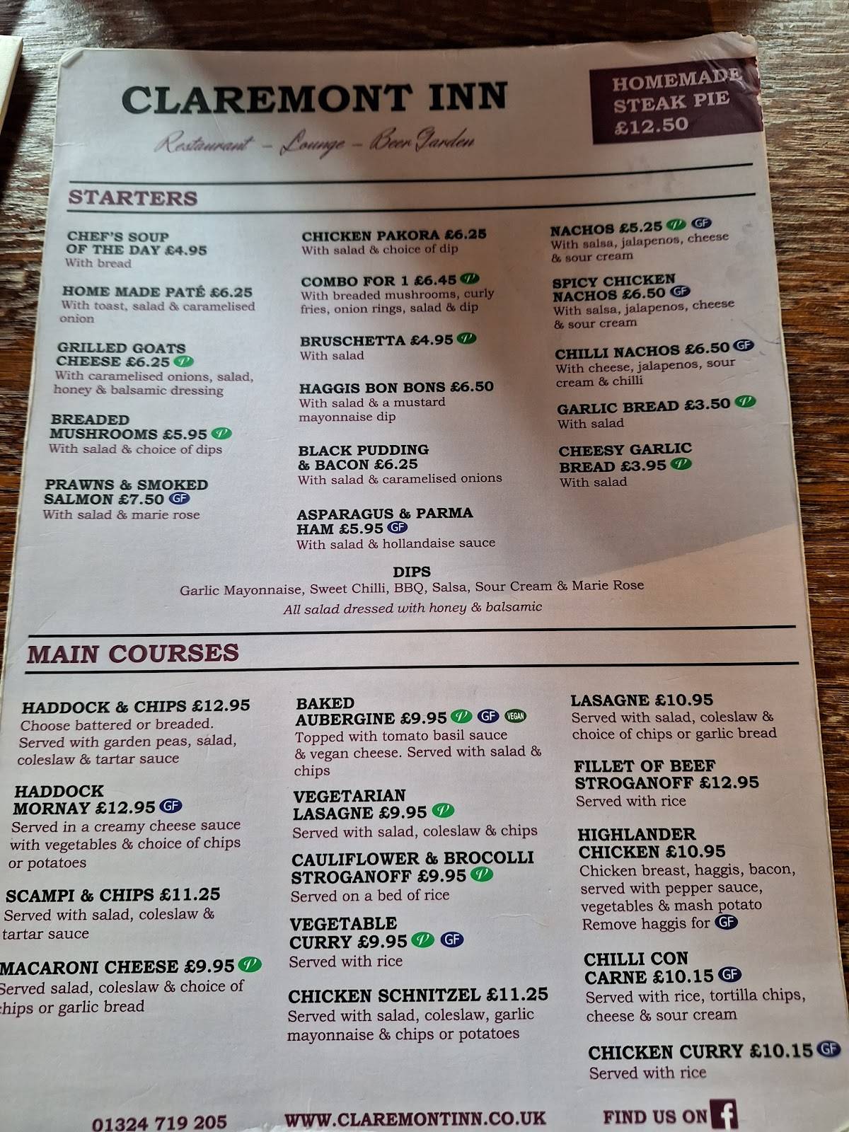Menu at Claremont Inn pub & bar, Polmont