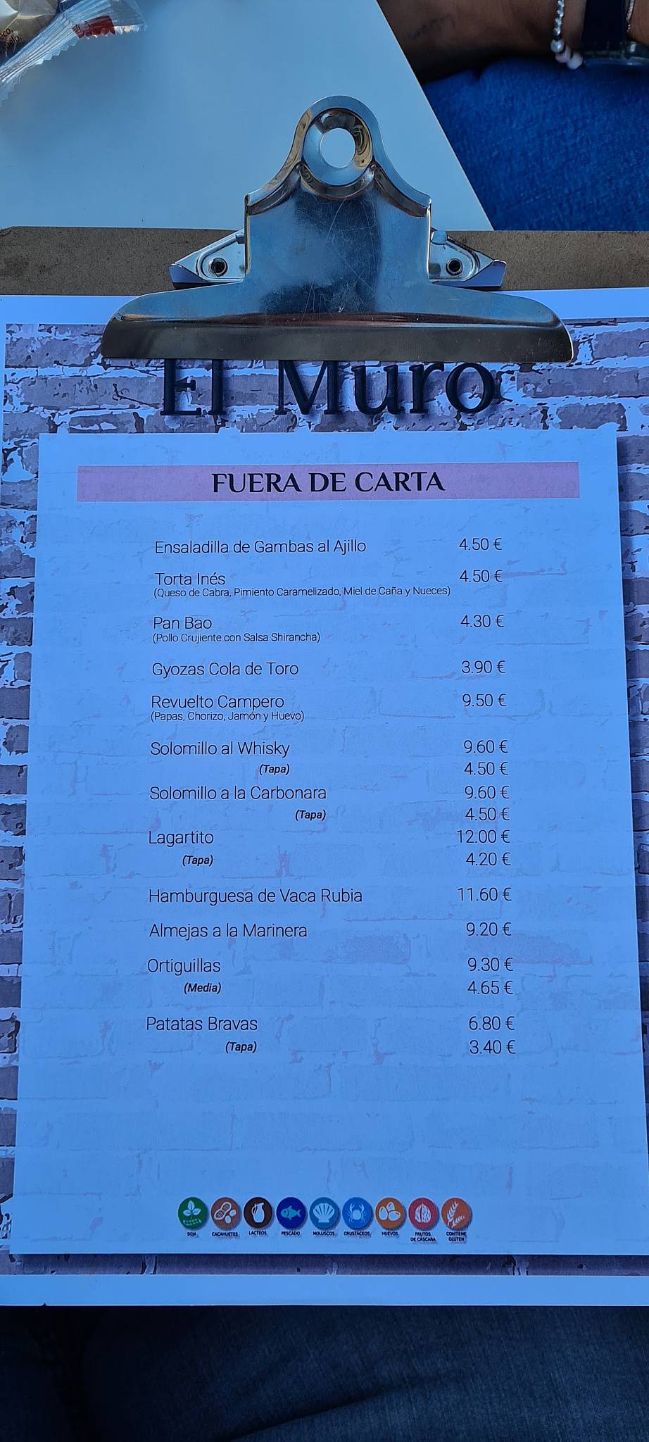 Carta del pub y bar El Muro, Santiponce