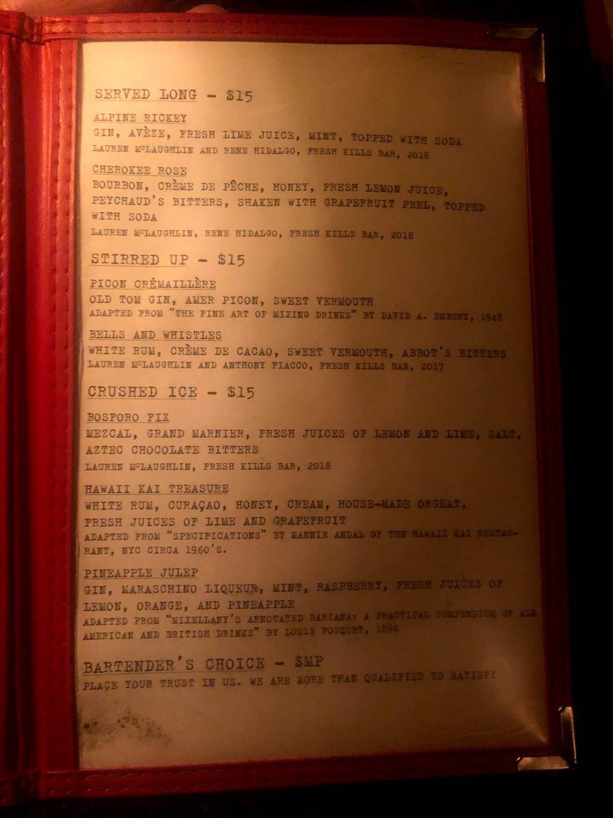 Menu at Fresh Kills Bar, New York City