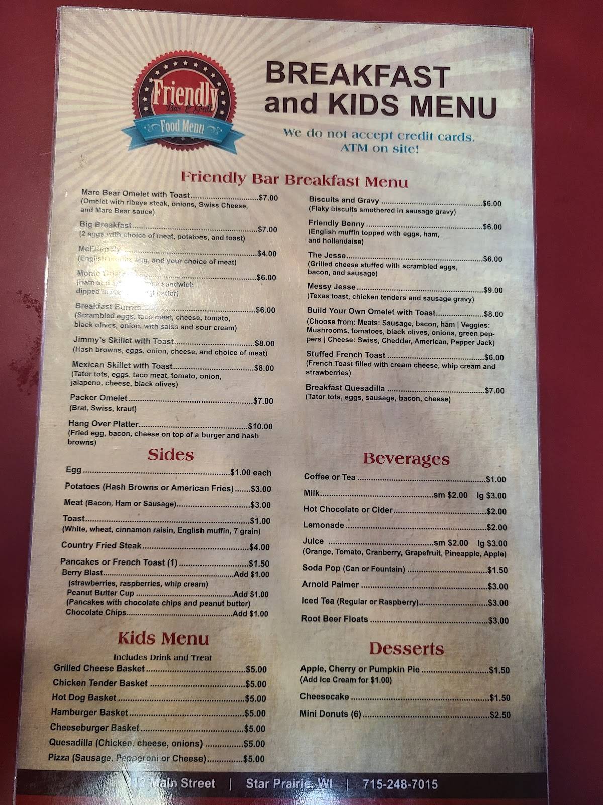 Menu at Friendly Bar Inc, Star Prairie