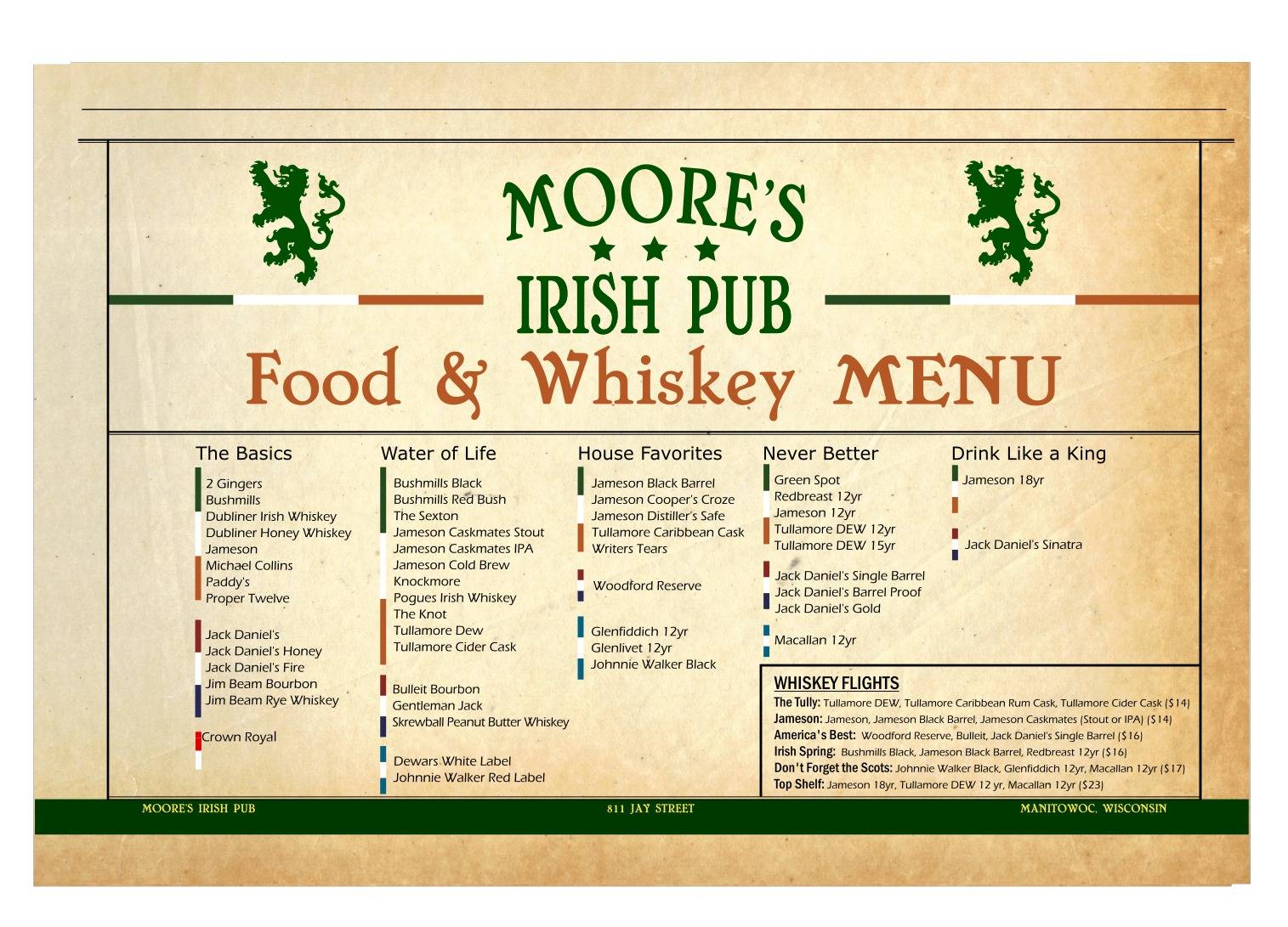 Menu at Moore's Irish Pub, Manitowoc