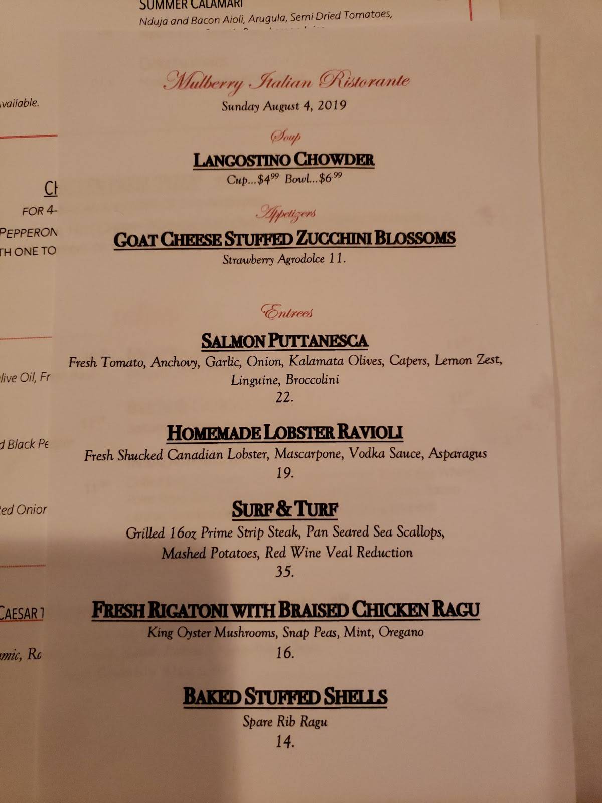 Menu at Mulberry Italian Ristorante pub & bar, Lackawanna