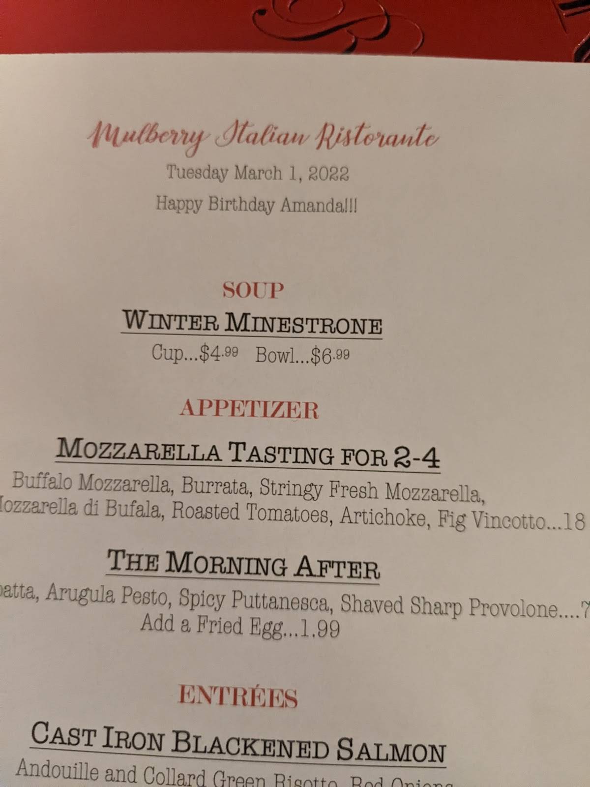 Menu at Mulberry Italian Ristorante pub & bar, Lackawanna