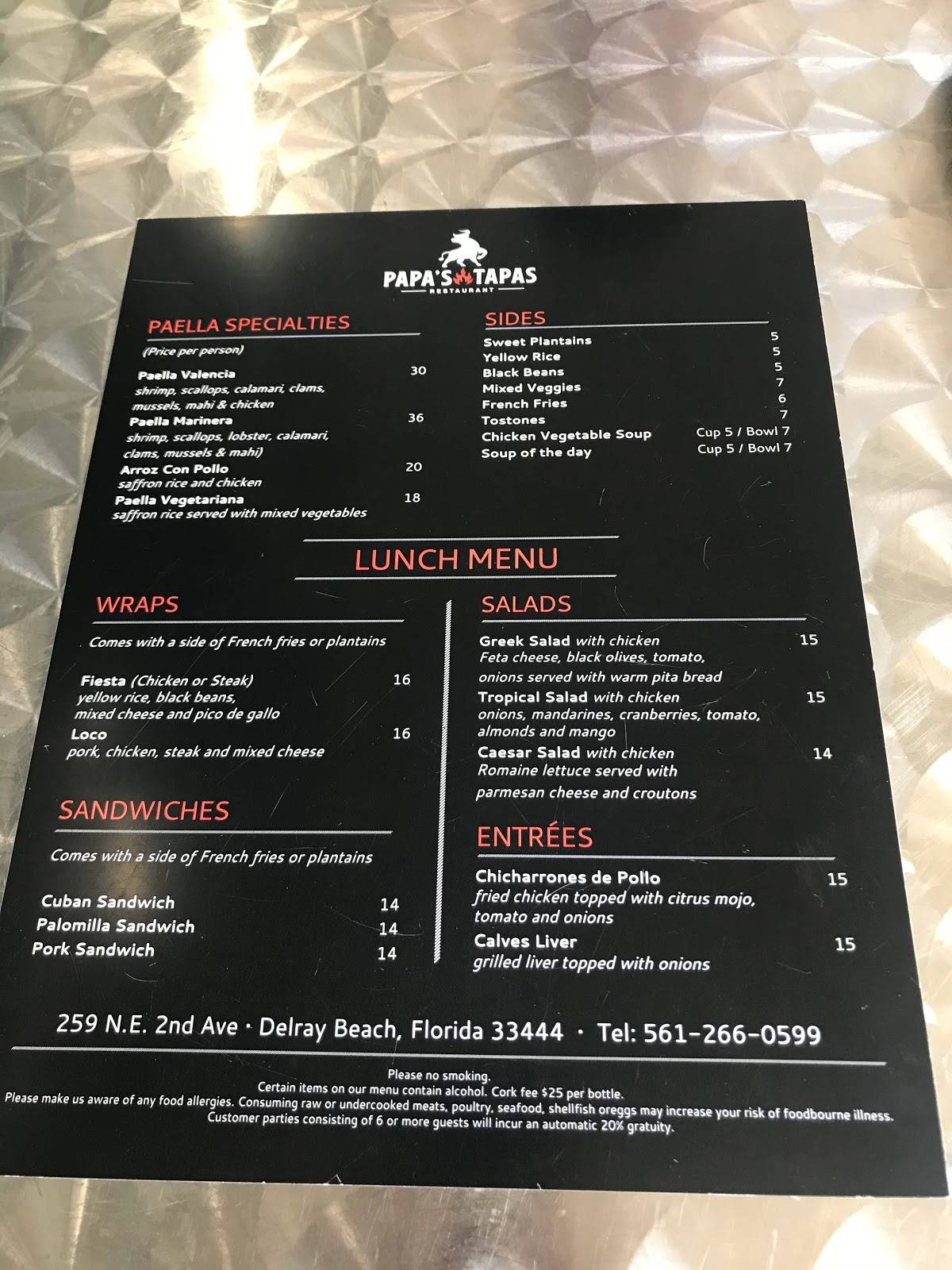 Menu at Papa's Tapas pub & bar, Delray Beach