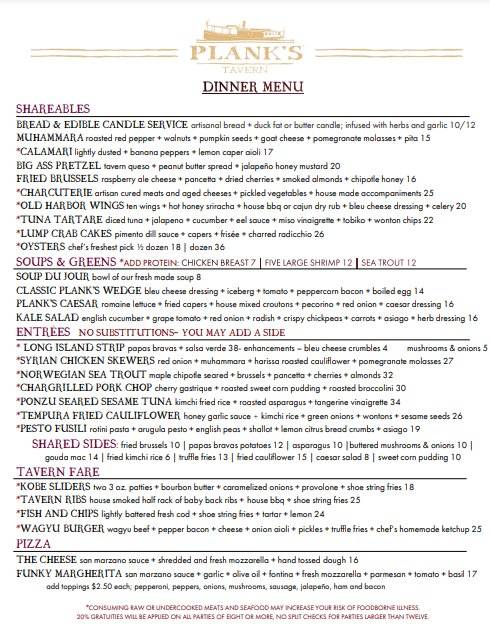 Menu at Plank's Tavern on the Water pub & bar, Saint Joseph