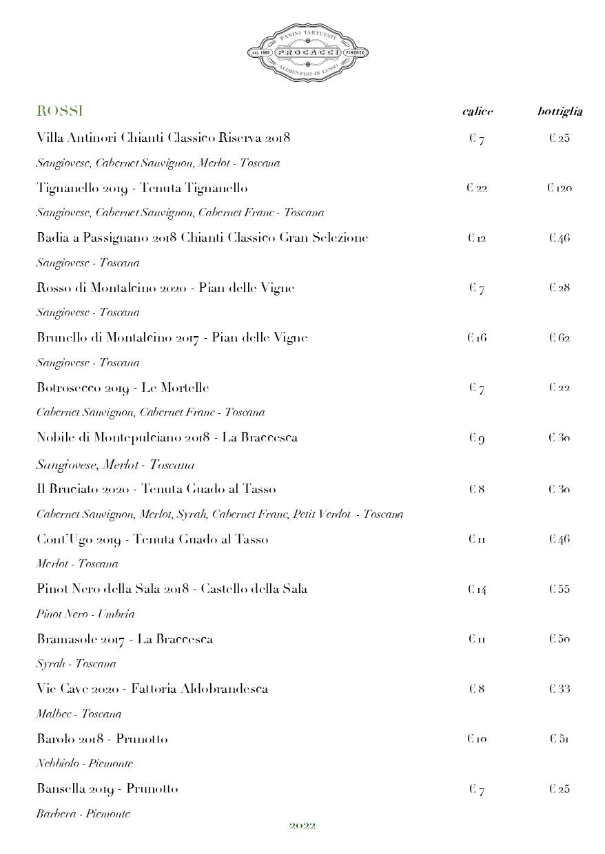 Menu at Procacci pub & bar, Florence