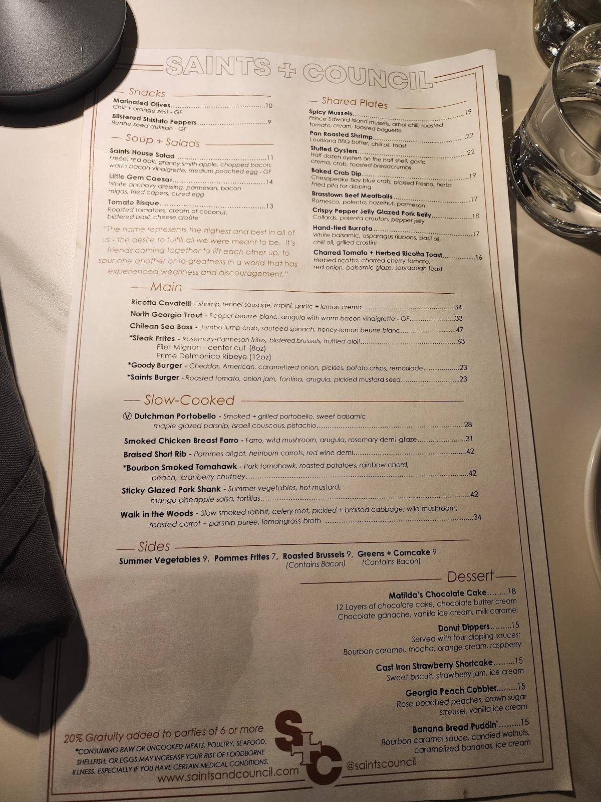 Menu at Saints + Council pub & bar, Atlanta