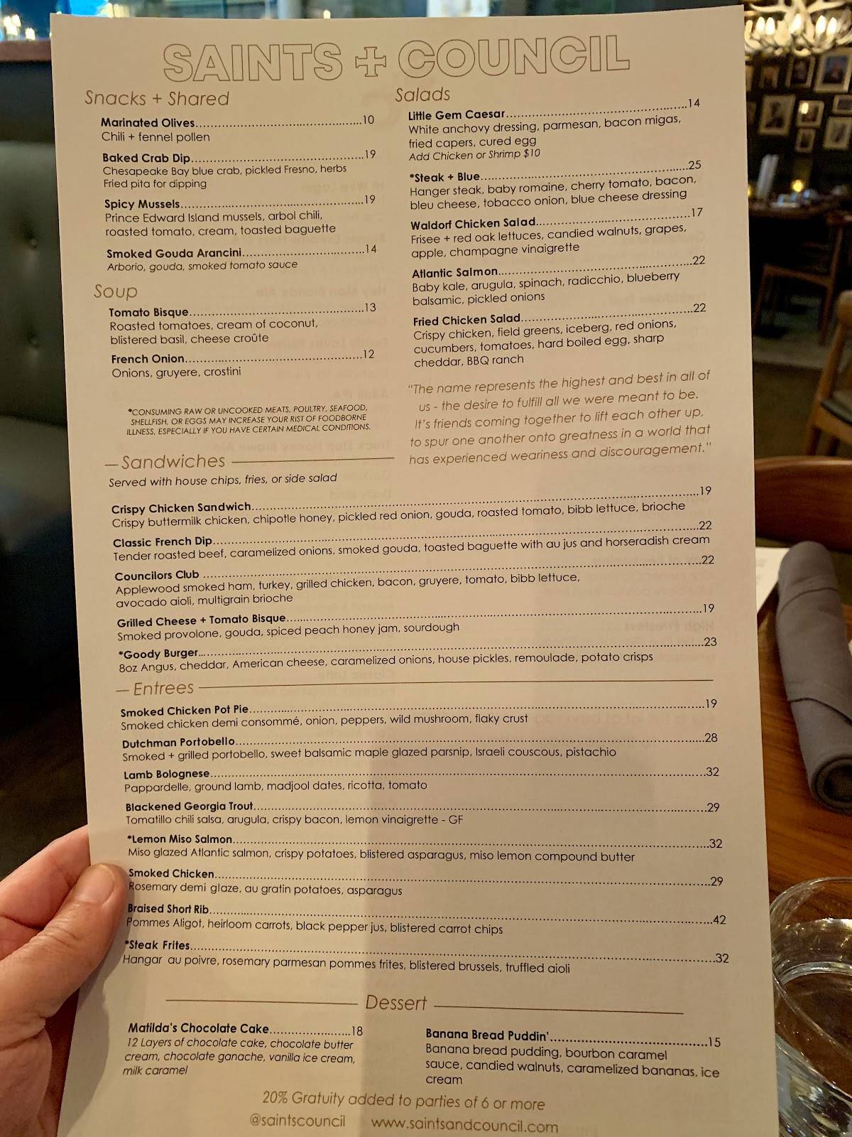 Menu at Saints + Council pub & bar, Atlanta