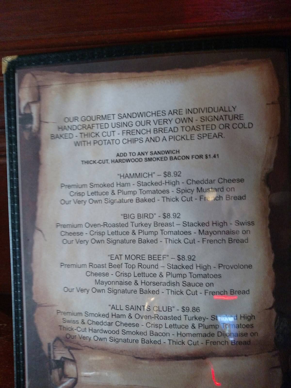 Menu at Saints & Sinners Pub, Ormond Beach